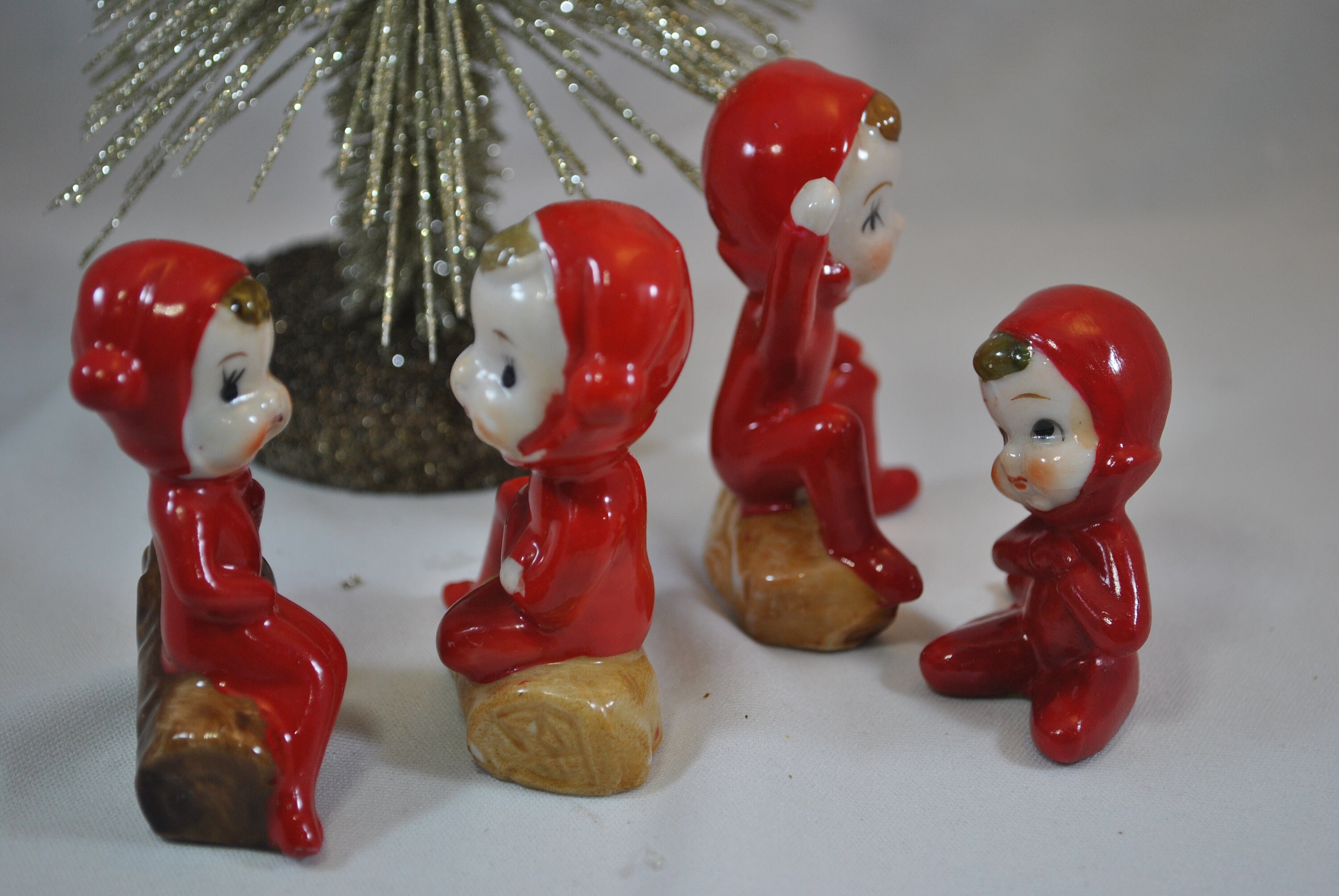 Christmas Pixie Figurines on Tree Stumps Porcelain Vintage | Etsy