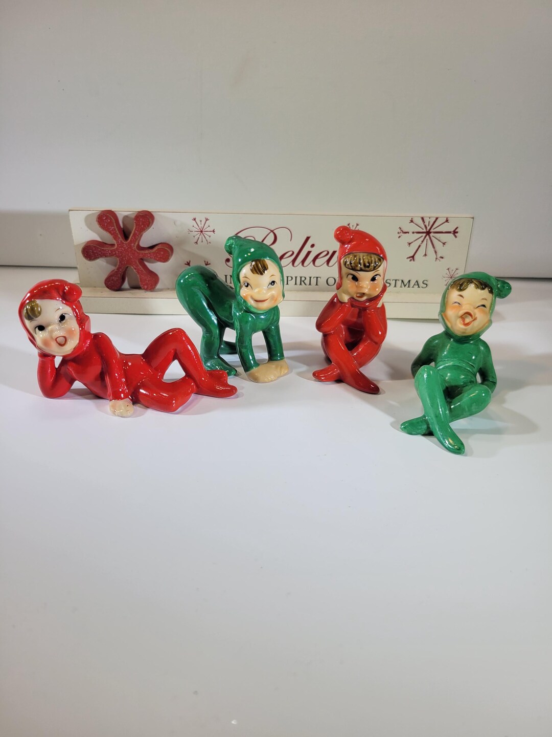 Christmas Pixie Figurines, Porcelain, Vintage, Green and Red Elves, Set ...