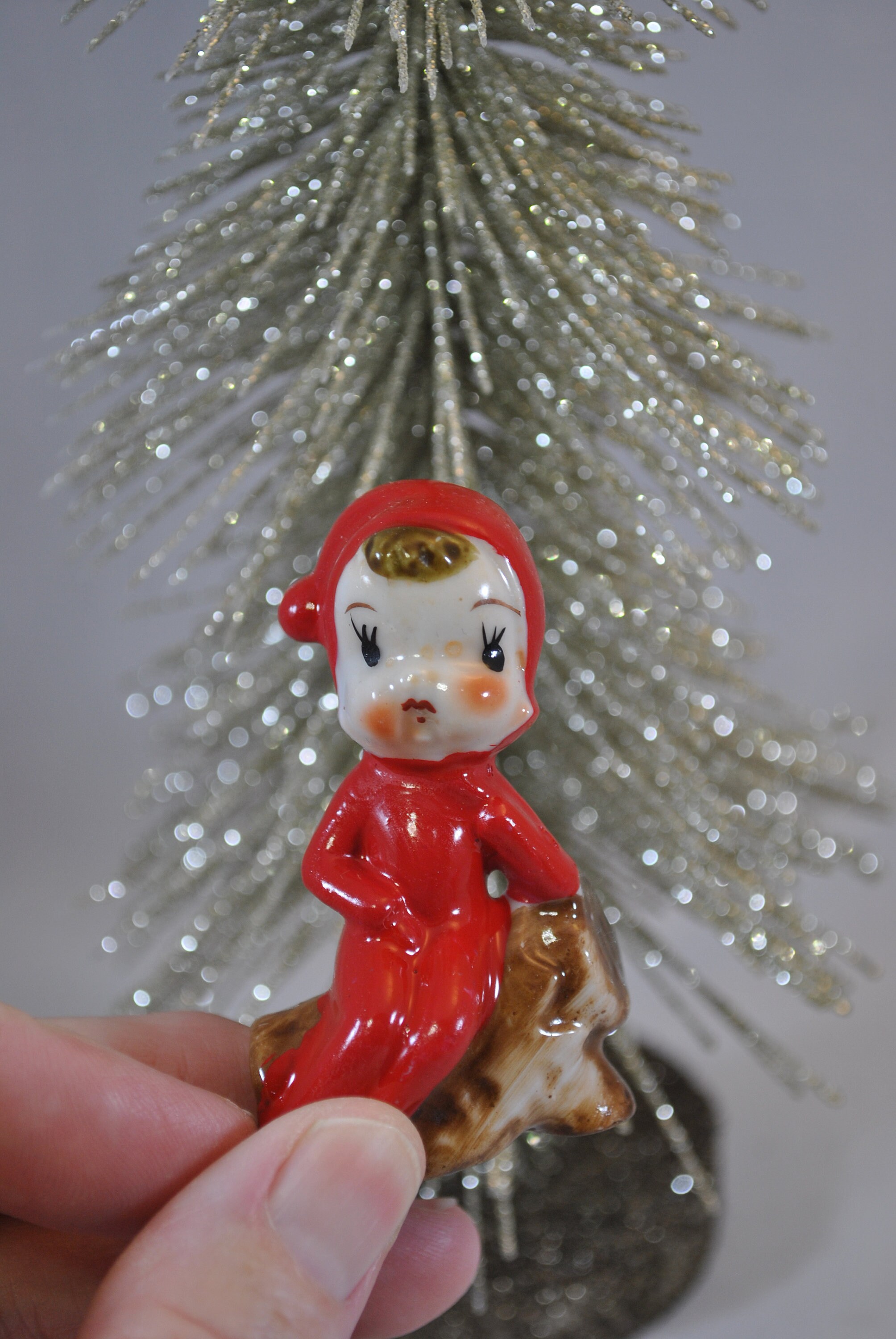 Christmas Pixie Figurines on Tree Stumps Porcelain Vintage | Etsy