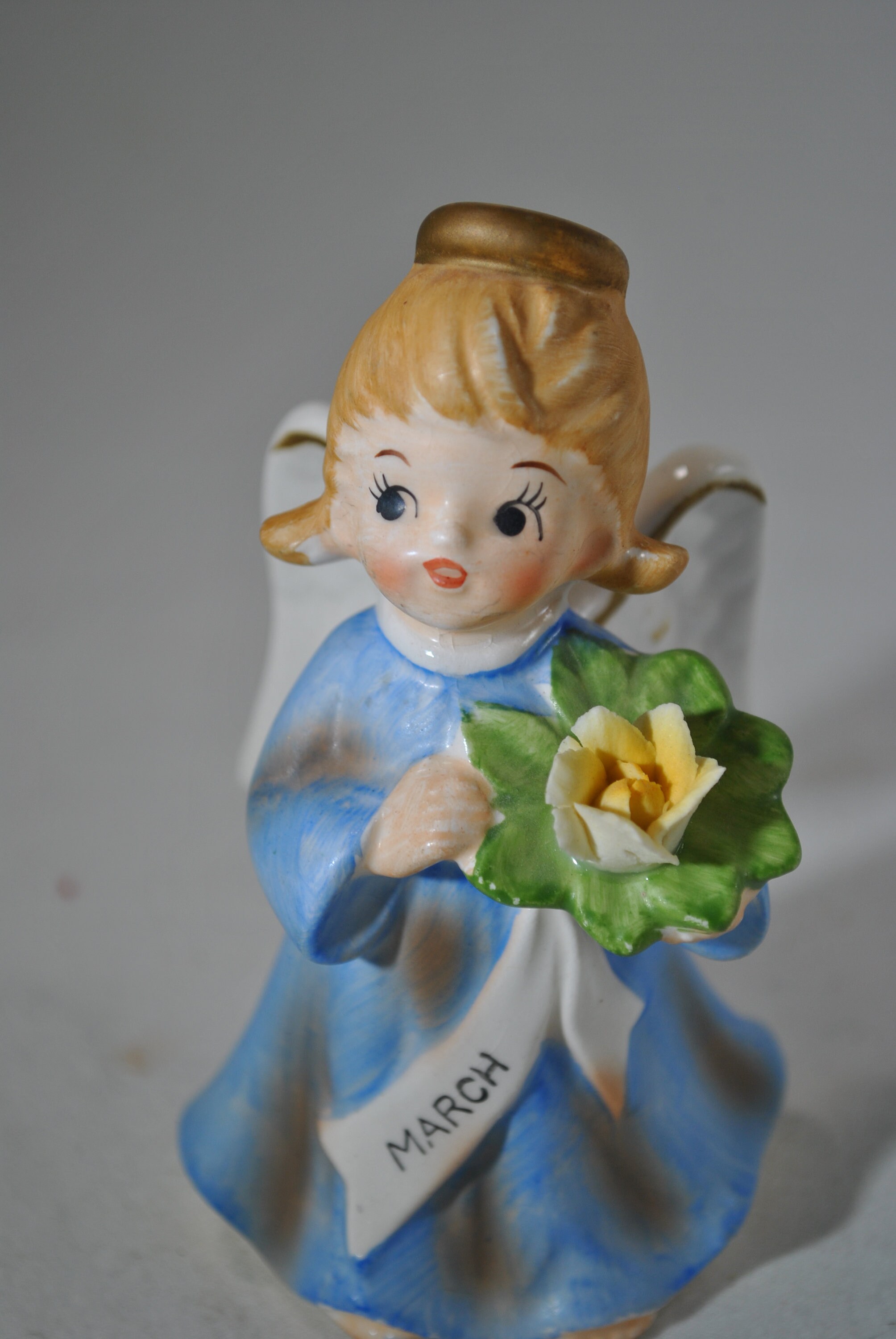 Lefton March Angel in a Blue Dress With White Sash and Big Yellow ...