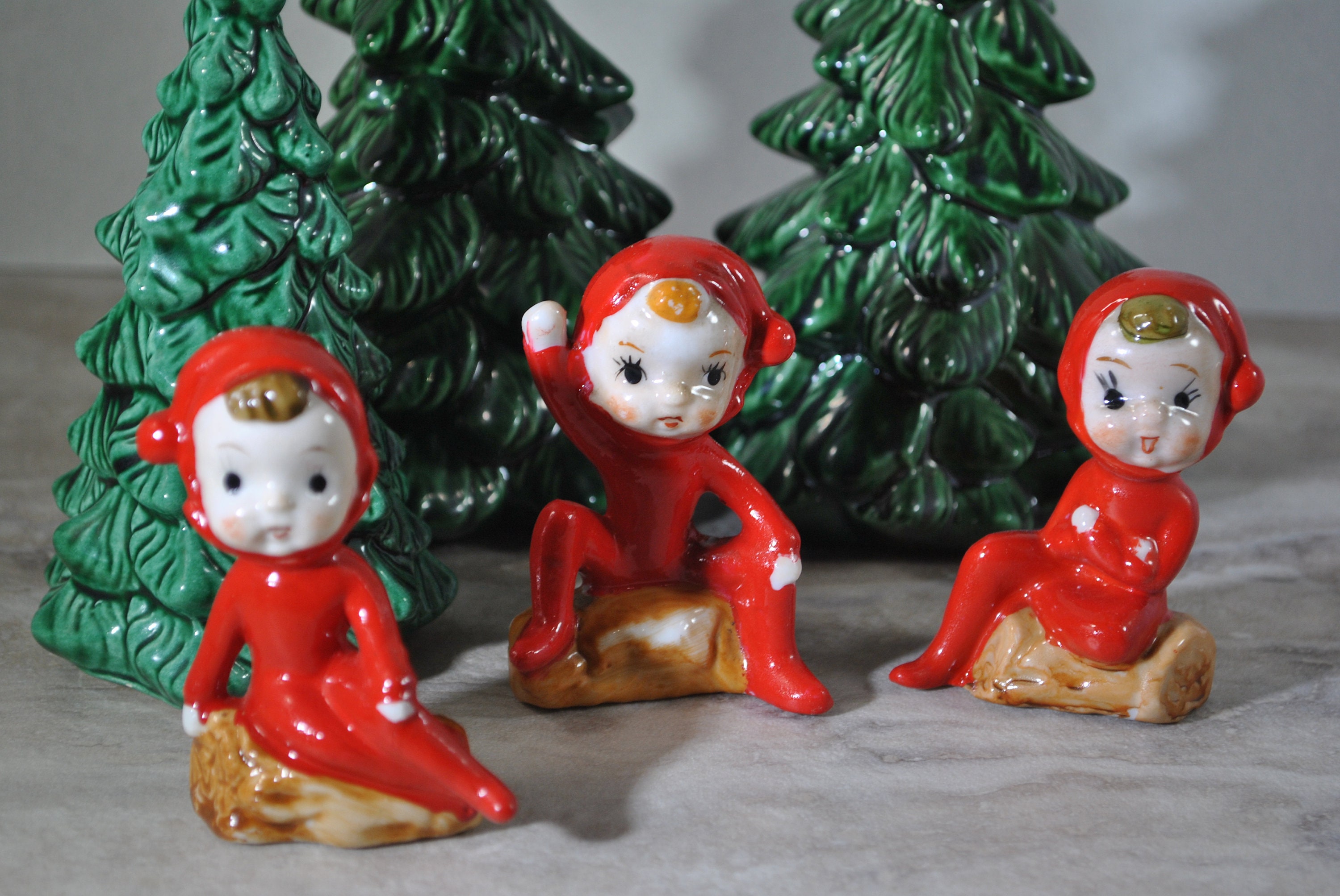 Christmas Pixie Figurines Porcelain Vintage Red Elves on - Etsy