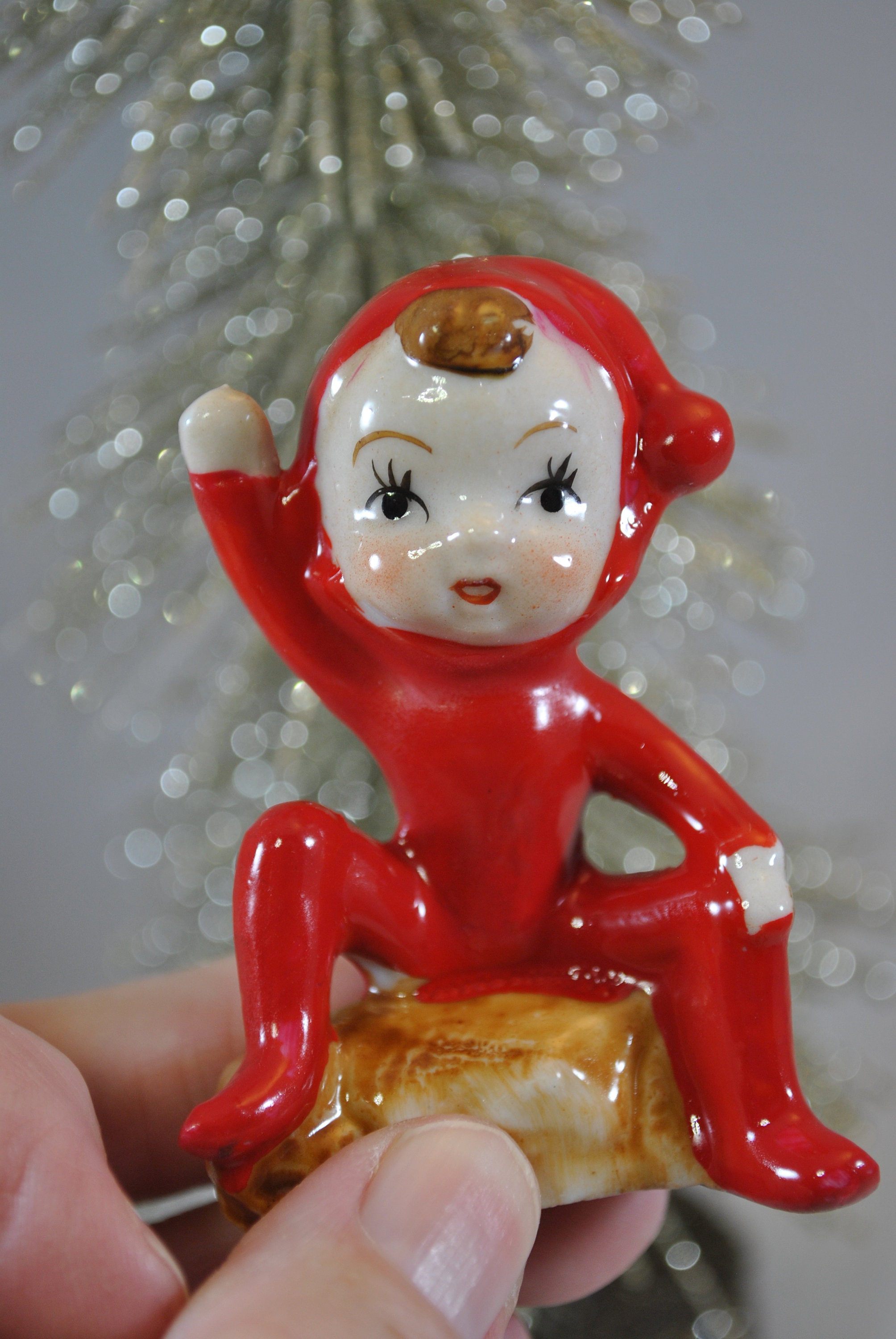 Christmas Pixie Figurines on Tree Stumps Porcelain Vintage | Etsy