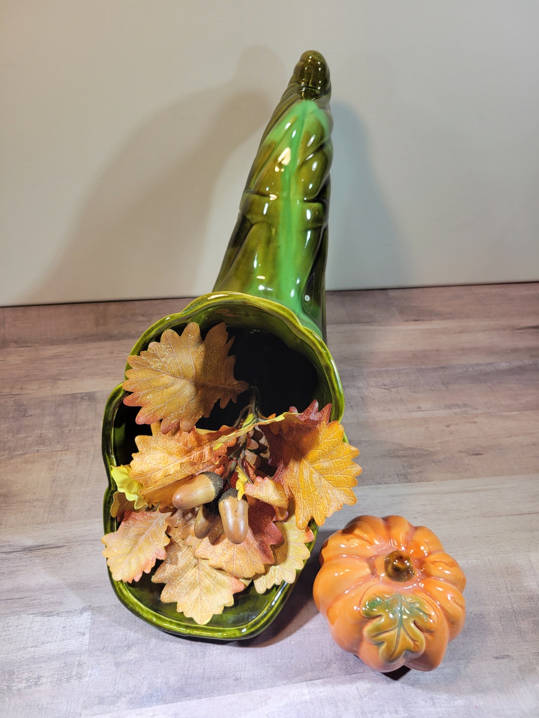 Green Ceramic Cornucopia Thanksgiving Décor, Ceramic, Vintage, Deforest ...
