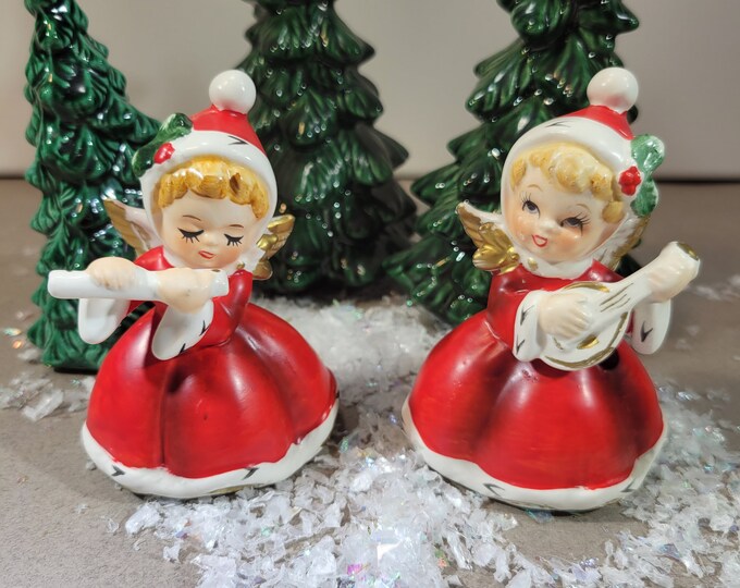 Musical Napco Christmas Angel Figurines in Red Coats, Vintage, Ceramic ...