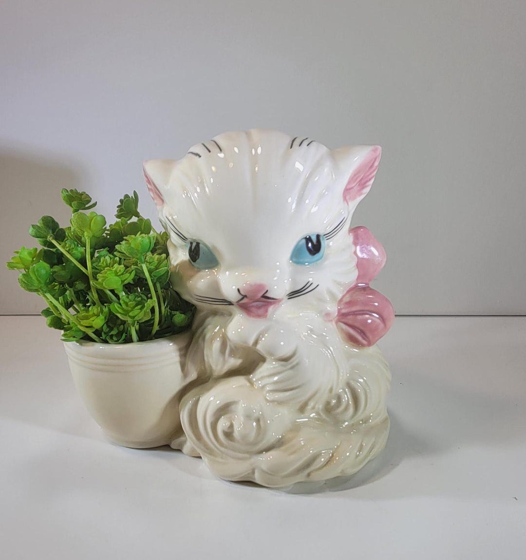 Cute White Cat Planter With Pink Bow From Hull Art, 1940's, Home Decor ...