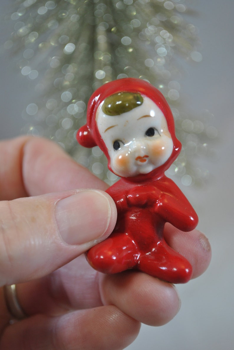 Christmas Pixie Figurines on Tree Stumps, Porcelain, Vintage, Red Elves ...