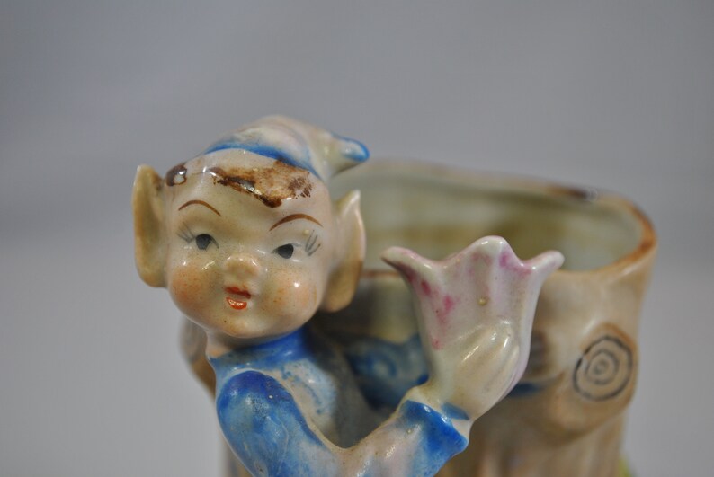 Super Cute Elf Planter Blue Elf With a Tree Stump Vintage | Etsy