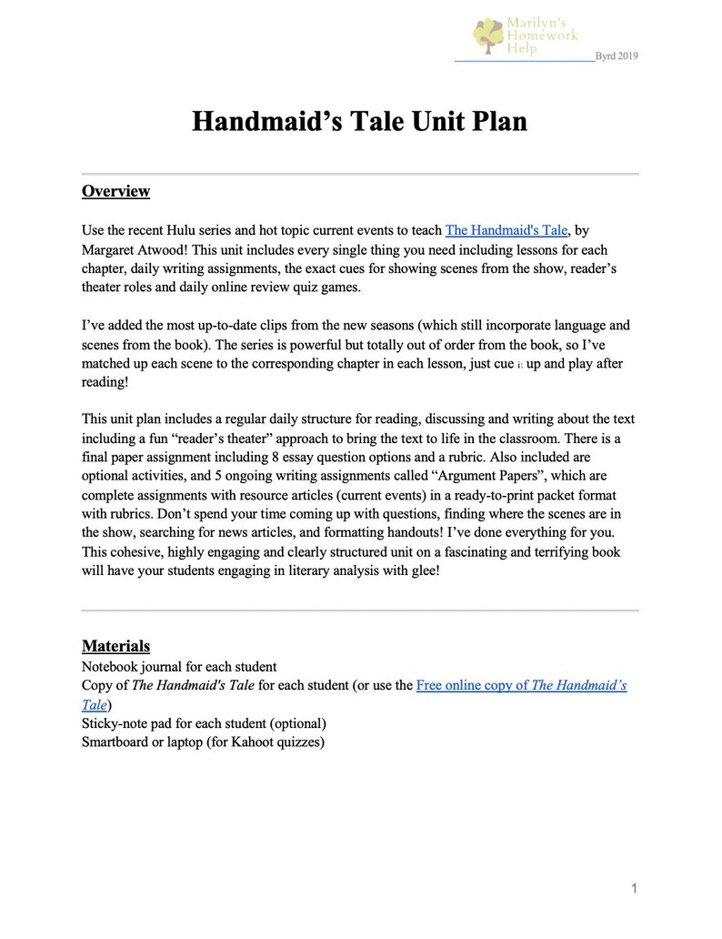The Handmaid's Tale Unit Plan: Lessons, Activities, Assessment - Etsy