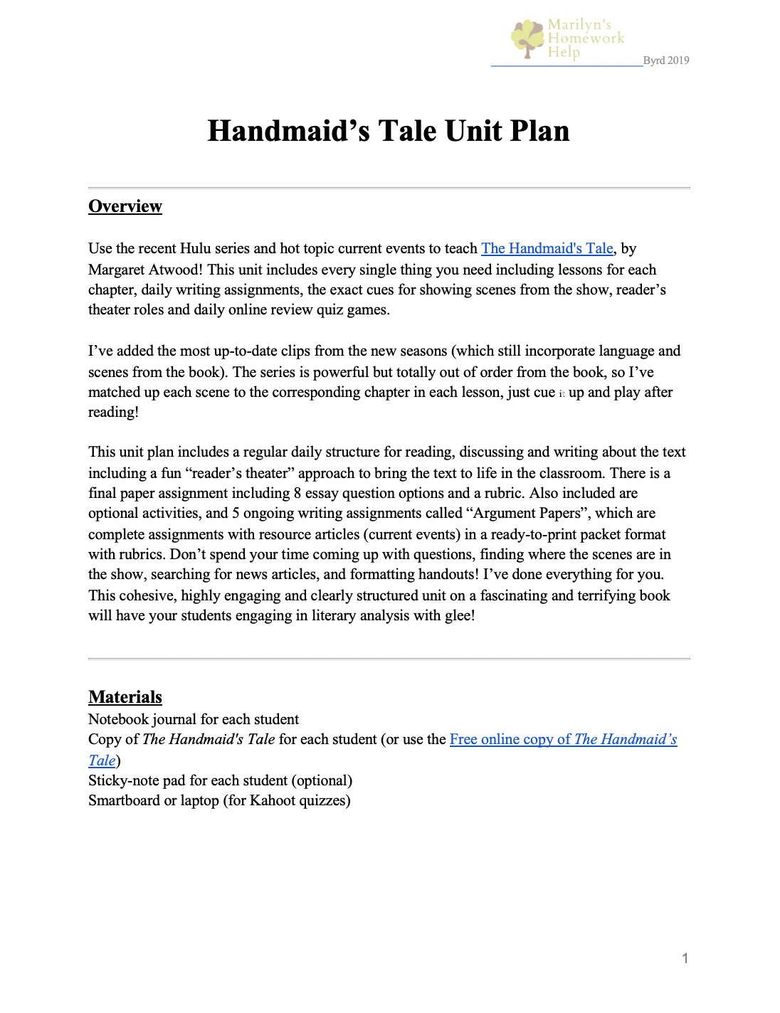 The Handmaid's Tale Unit Plan, ALL Lessons Included Classroom ...