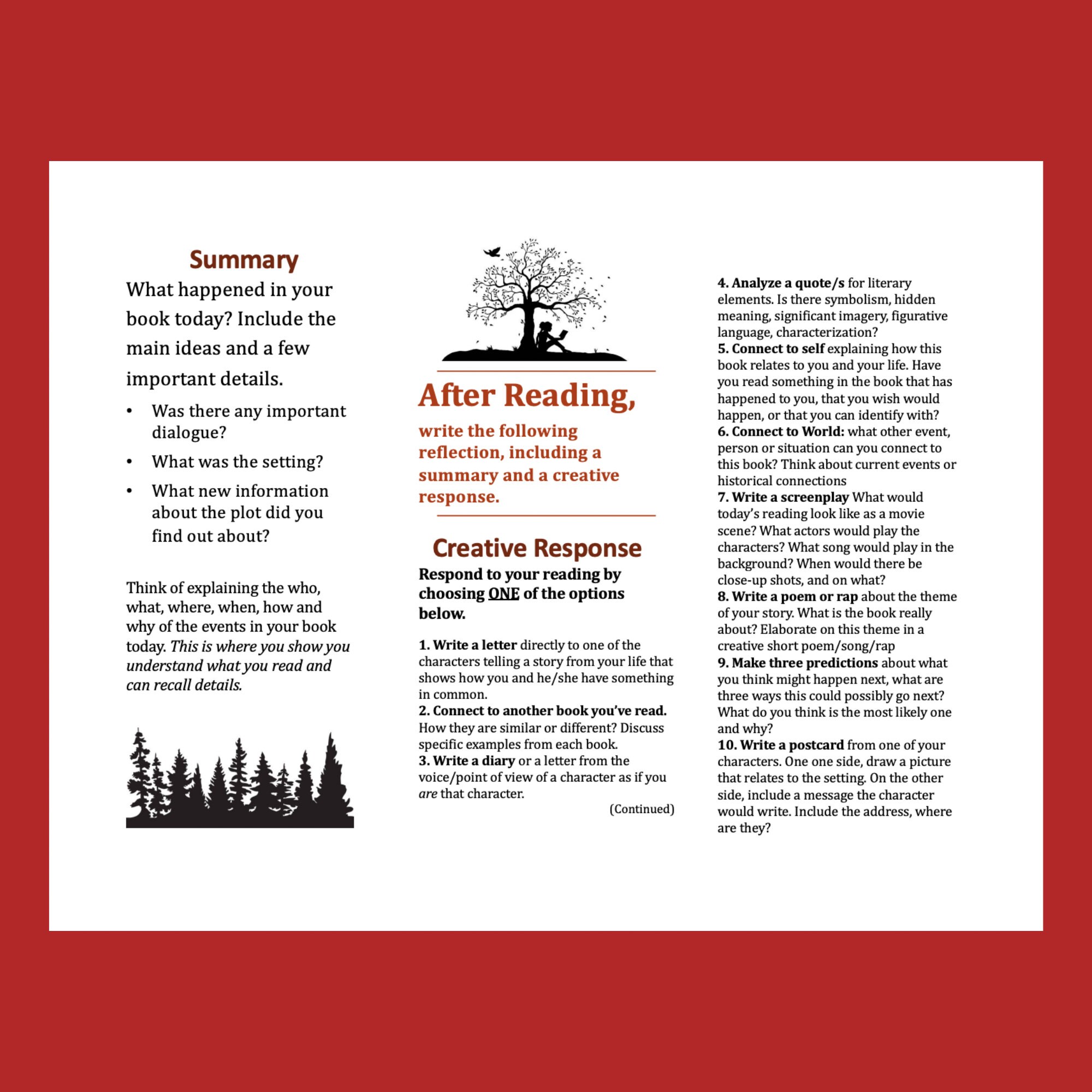 Printable Bookmark and Reading Response Assignment Reading ...