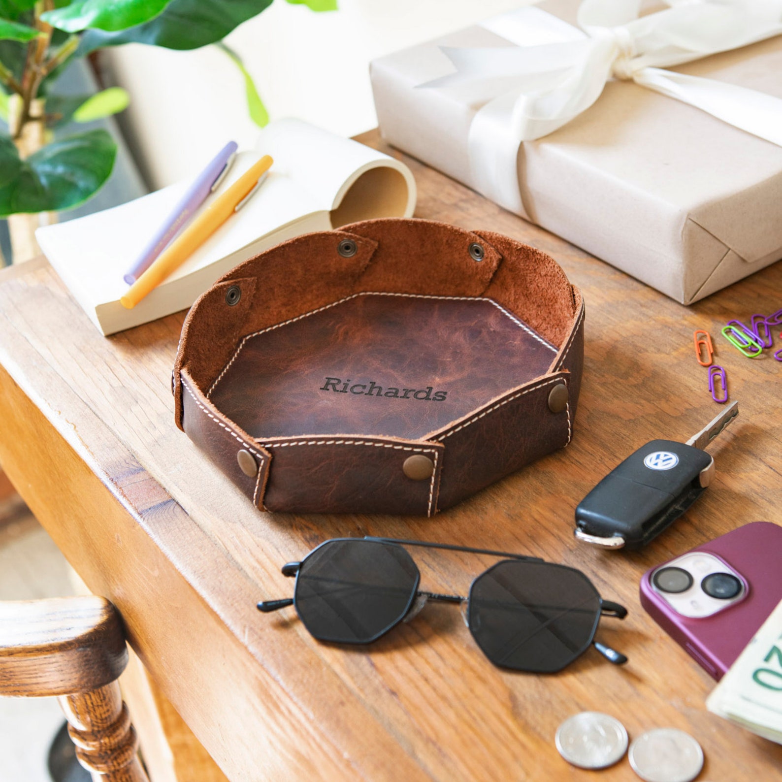 Personalized Top Grain Leather Catch All Tray Round Valet | Etsy