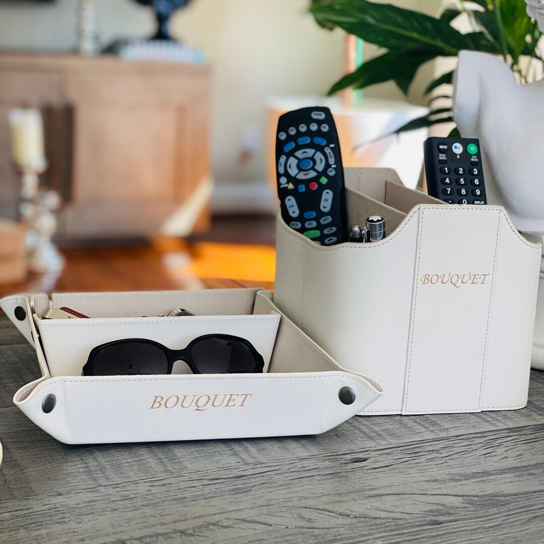 Personalized Leather Remote Caddy, Hand Crafted Desk Organizer, Custom ...
