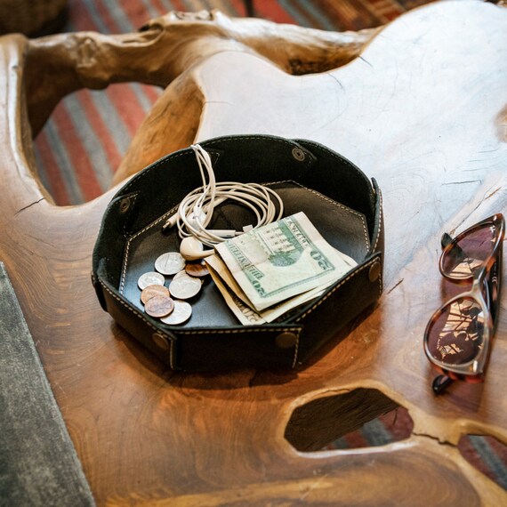 Personalized Top Grain Leather Catch All Tray Round Valet | Etsy