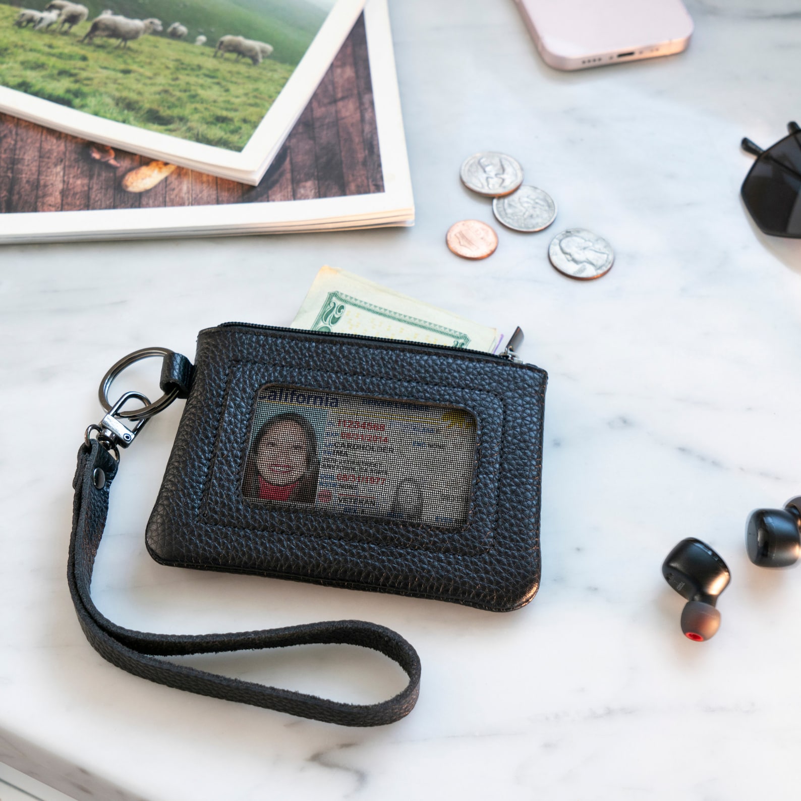 Top Grain Leather Zippered ID Wallet With Wrist Strap, Handcrafted ...