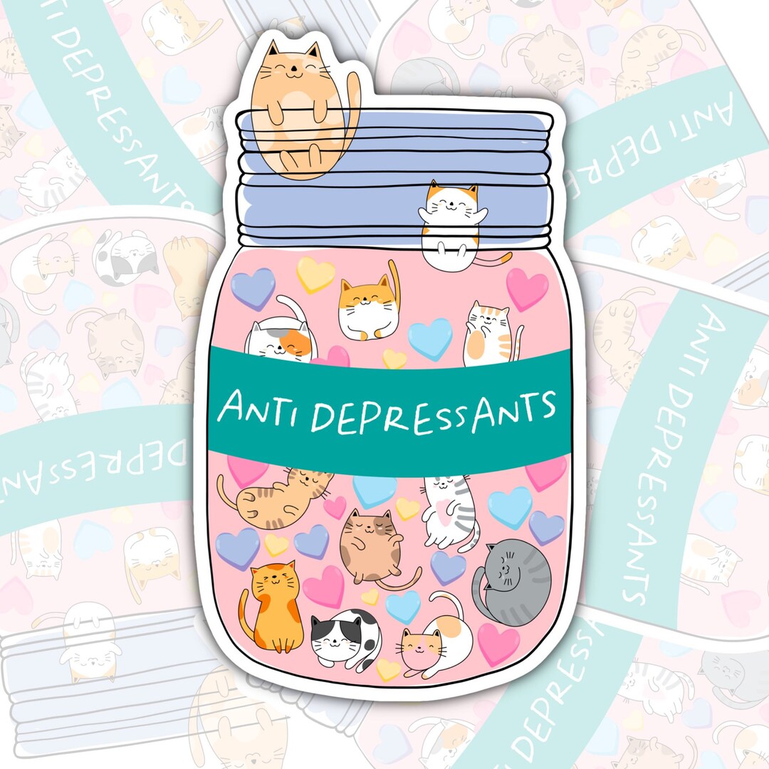 Cat Antidepressants, Mental Health Sticker, Waterproof Sticker, Water ...