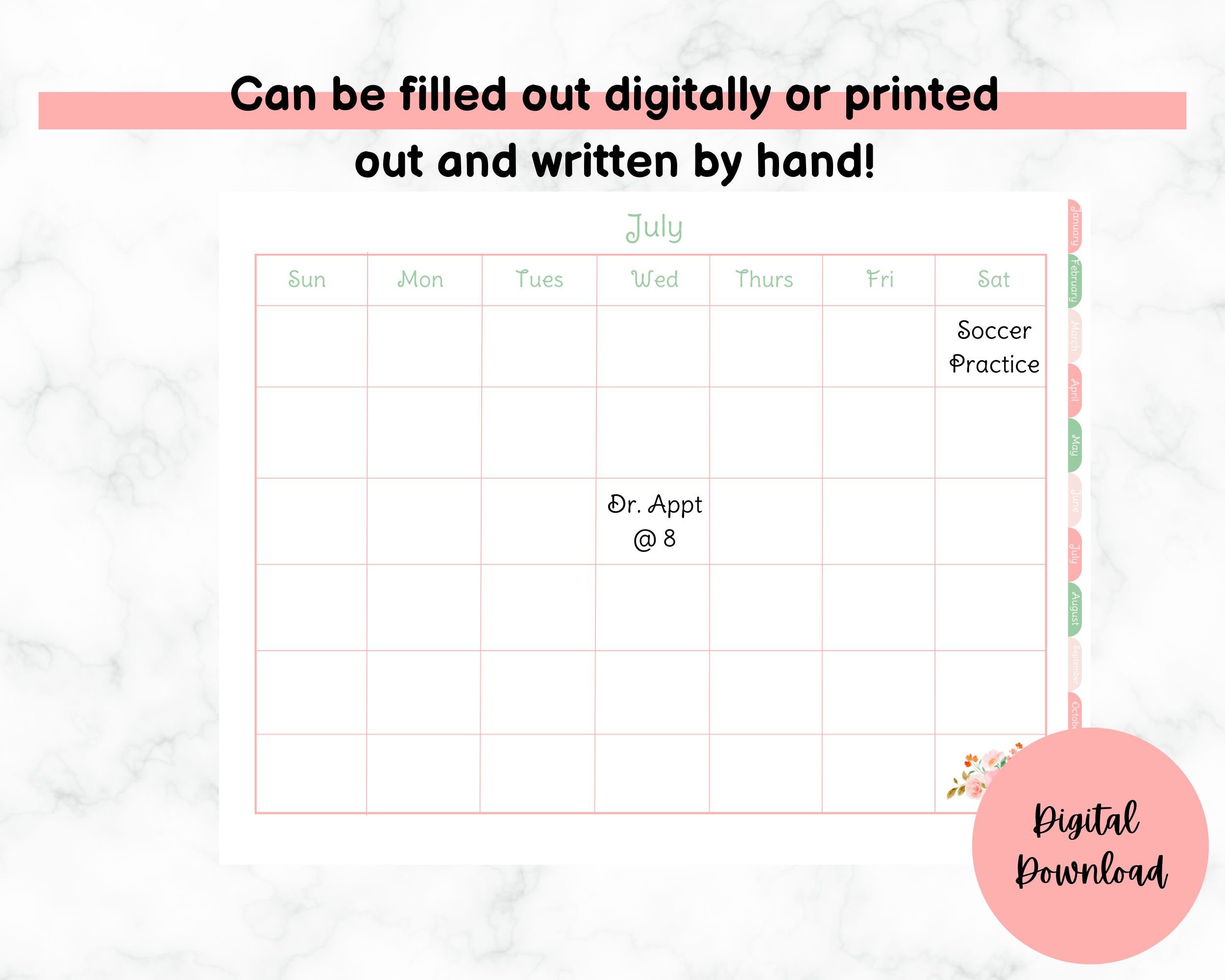 Undated Digital Calendar, Printable Calendar, Calendar for Organization ...