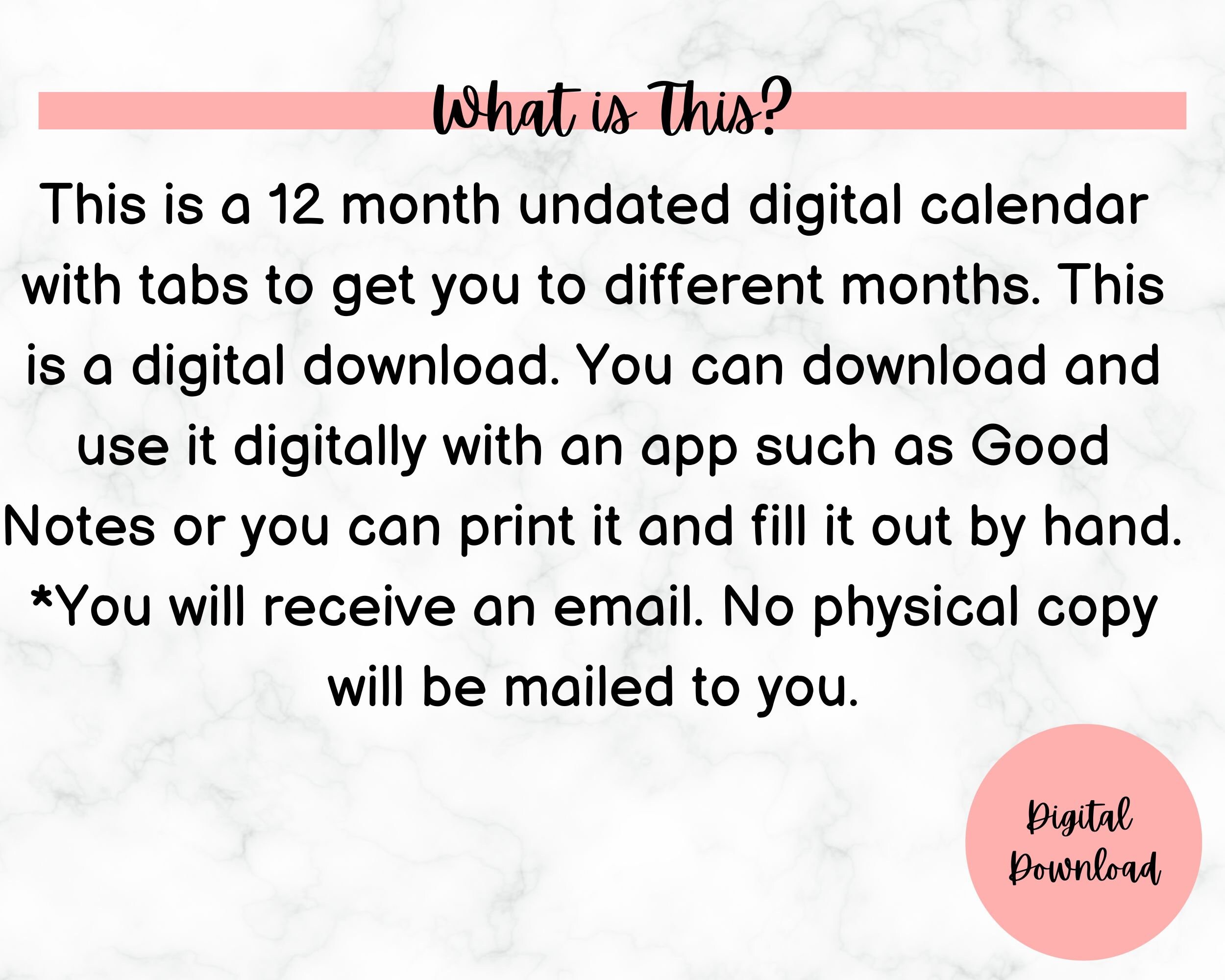 Undated Digital Calendar, Printable Calendar, Calendar for Organization ...