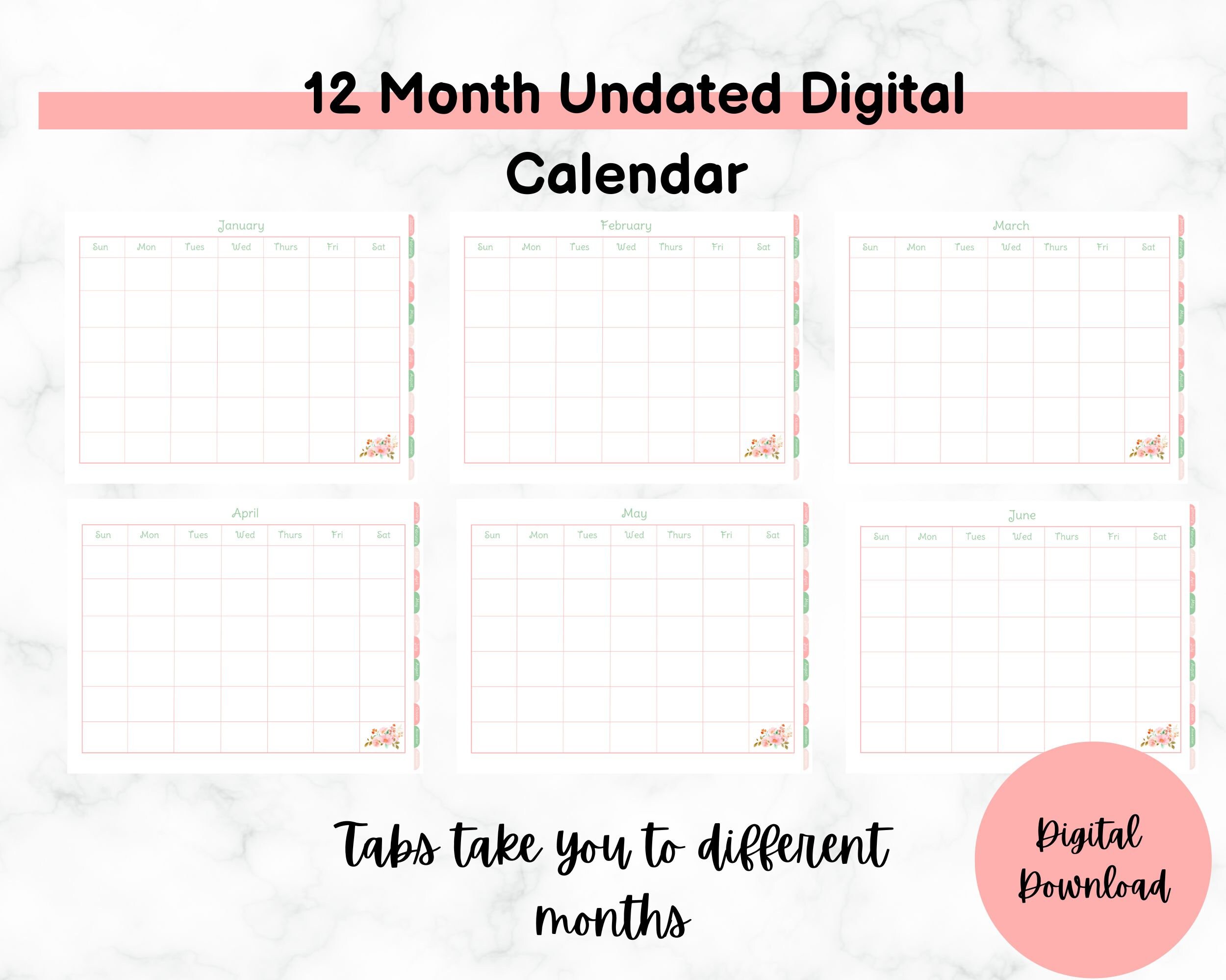 Undated Digital Calendar, Printable Calendar, Calendar for Organization ...
