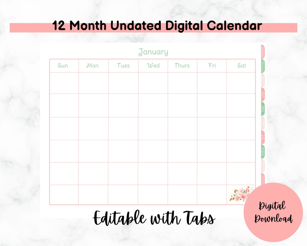 Undated Digital Calendar, Printable Calendar, Calendar for Organization ...