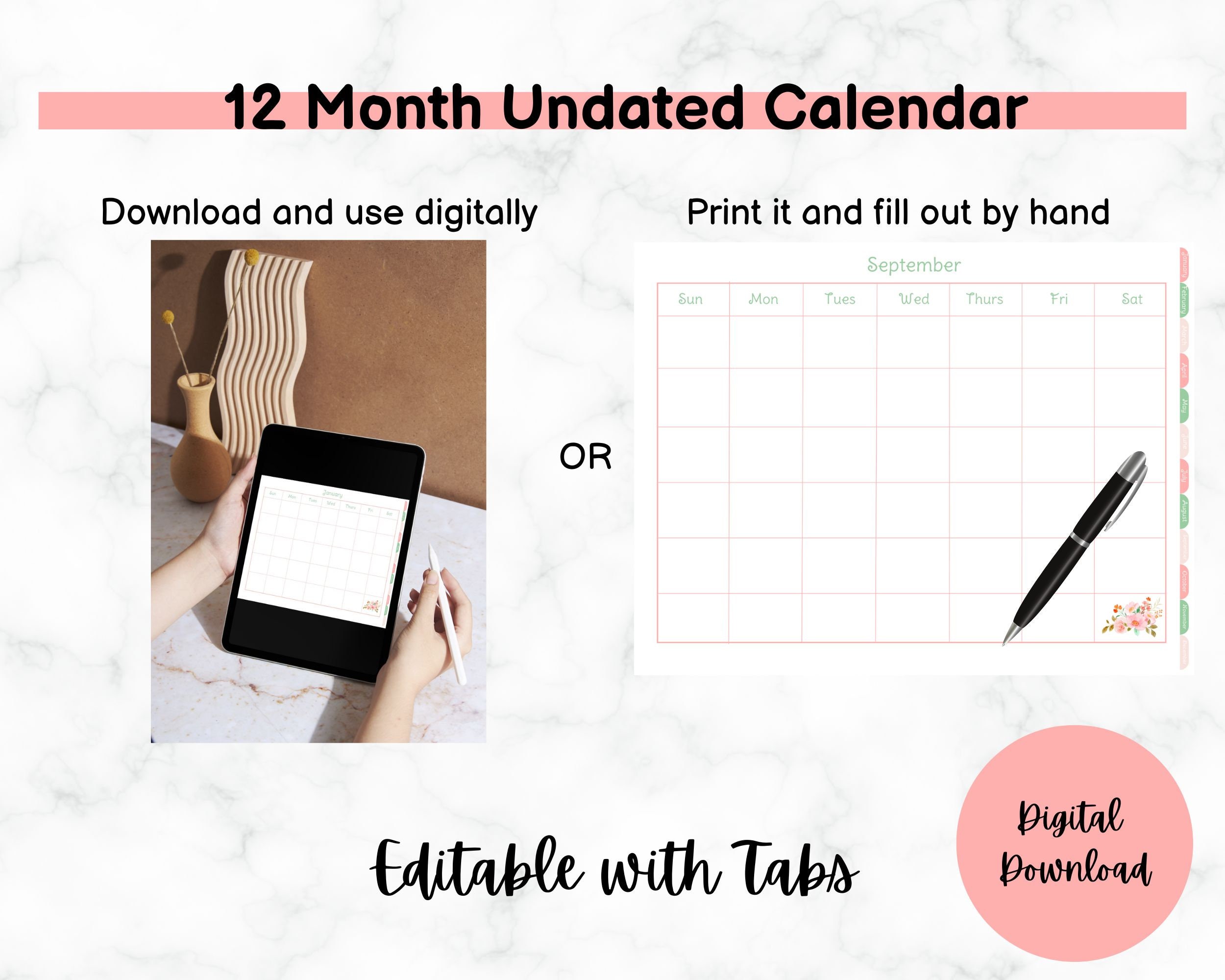 Undated Digital Calendar, Printable Calendar, Calendar for Organization ...