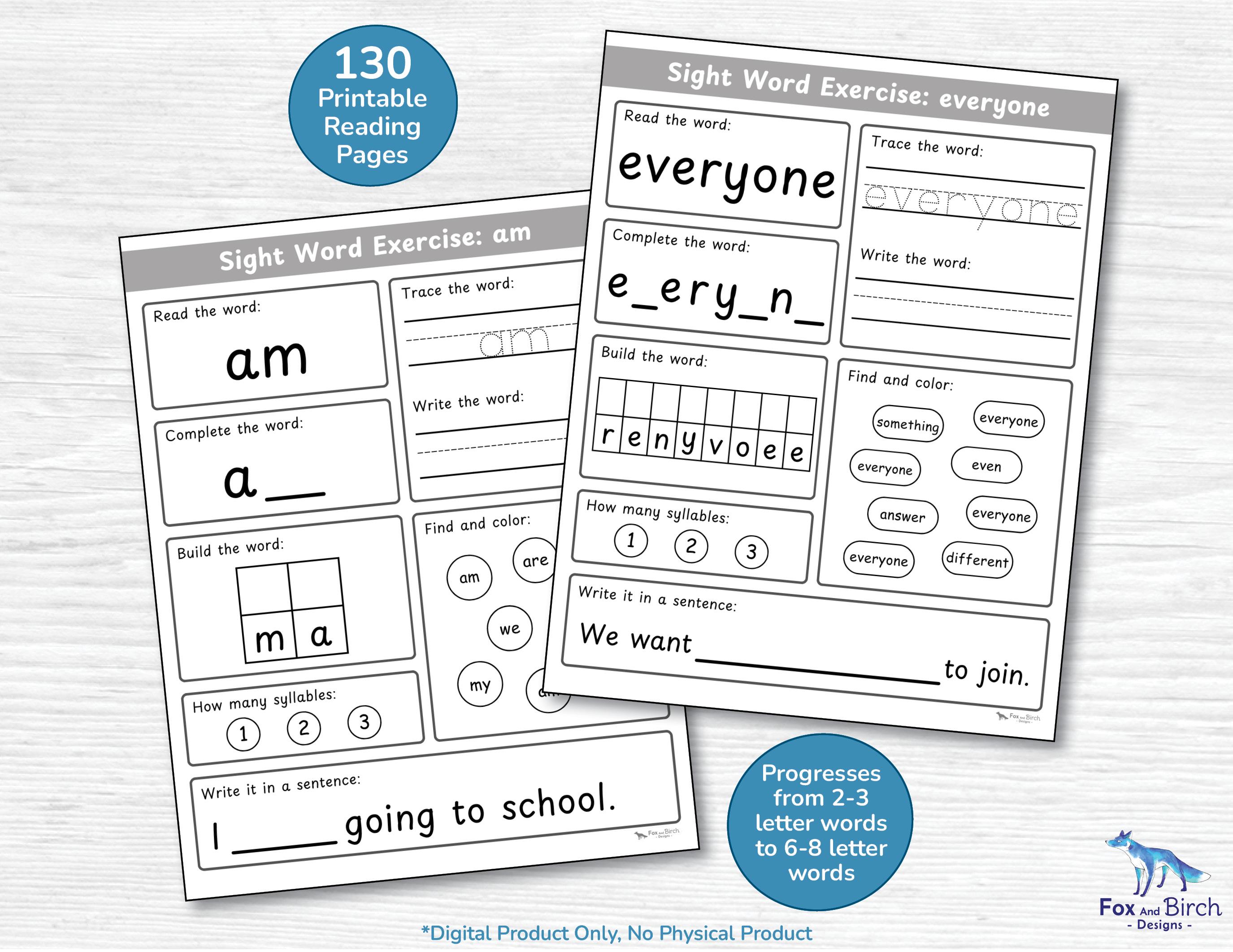 130 Sight Word Exercise Worksheets / Kindergarten to Grade 1 / Reading ...