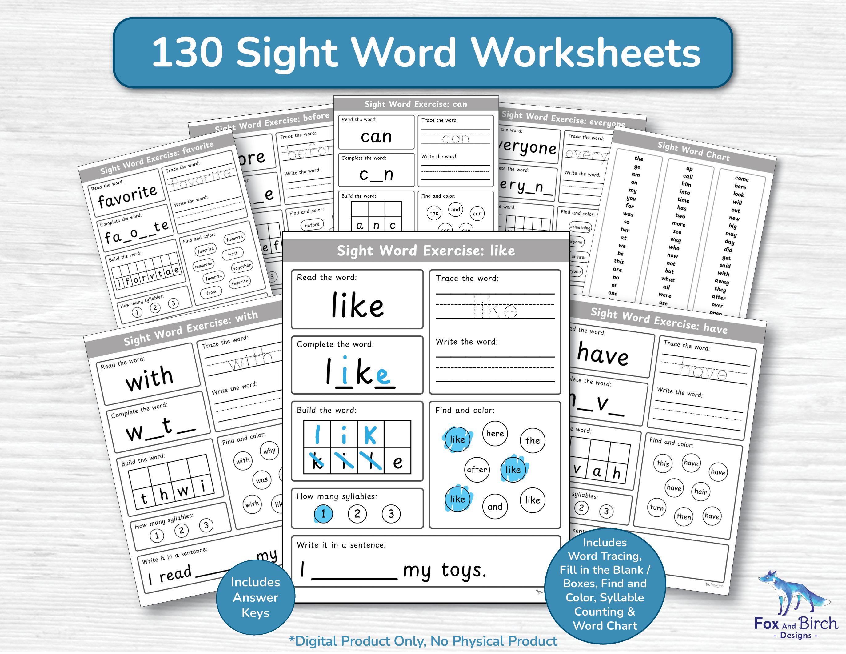 130 Sight Word Exercise Worksheets / Kindergarten to Grade 1 / Reading ...