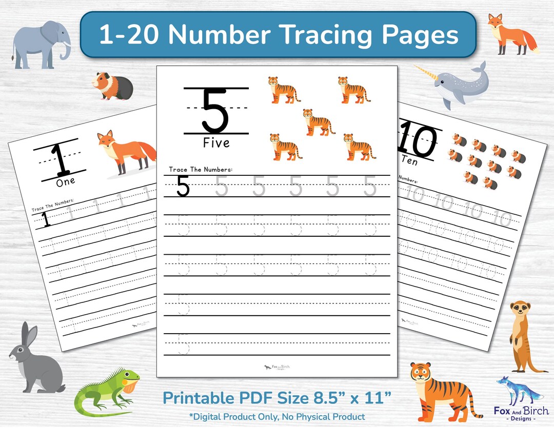 1-20 Number Tracing Worksheets With Zoo Animals / Pre-school Toddler ...