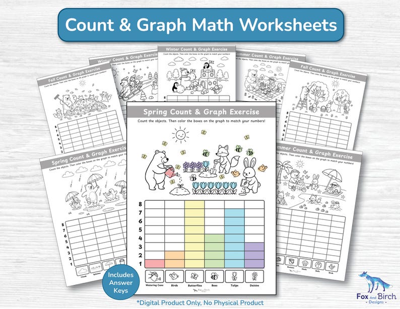 Count & Graph Early Math Worksheets | Seasonal Spring Summer Fall ...