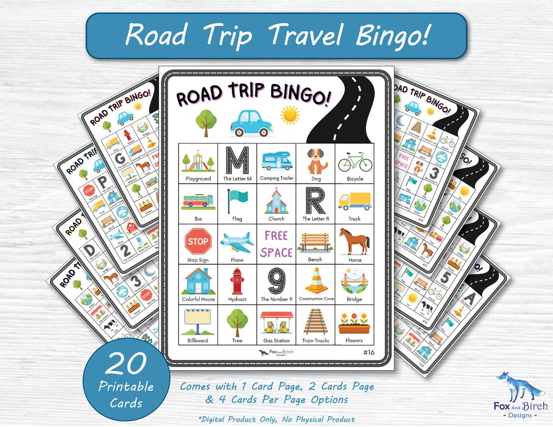 20 Road Trip Printable Bingo Cards for Kids / Car Trip Activity / Easy ...