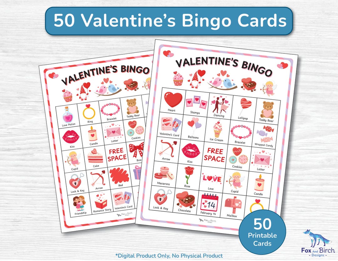 50 Valentine's Day Bingo Cards for Kids / Printable Classroom Party ...