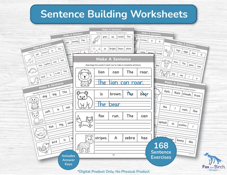 Build A Sentence Worksheets for Kindergarten, Grade 1 and 2 / Sentence ...