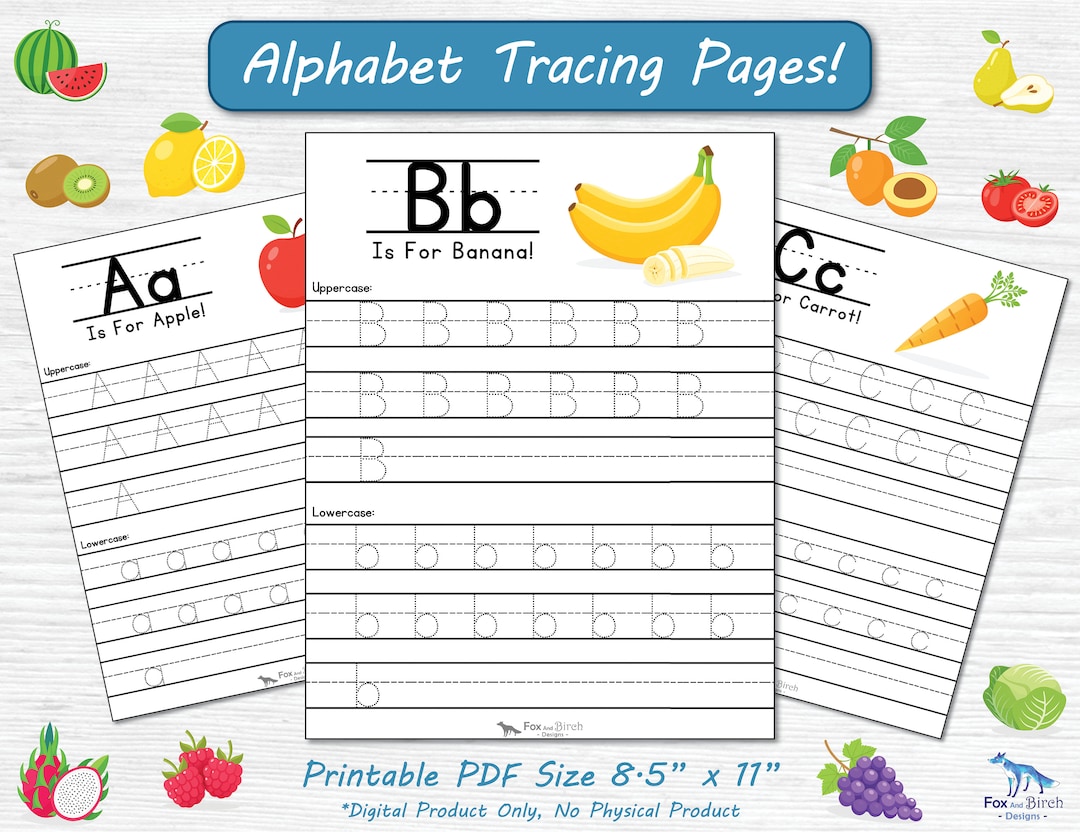 26 ABC Alphabet Letter Tracing Worksheets With Fruits & Vegetables ...
