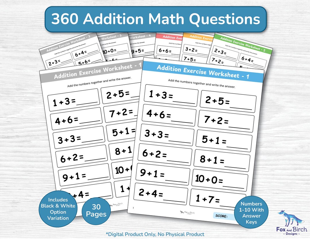 Addition Math Activity Worksheets for Kids / Homeschool Maths Drills ...