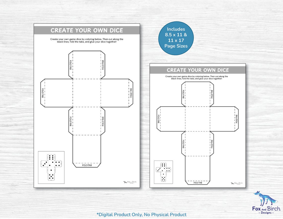 Printable Game Dice Template Paper Craft for Kids / Activity Worksheet ...