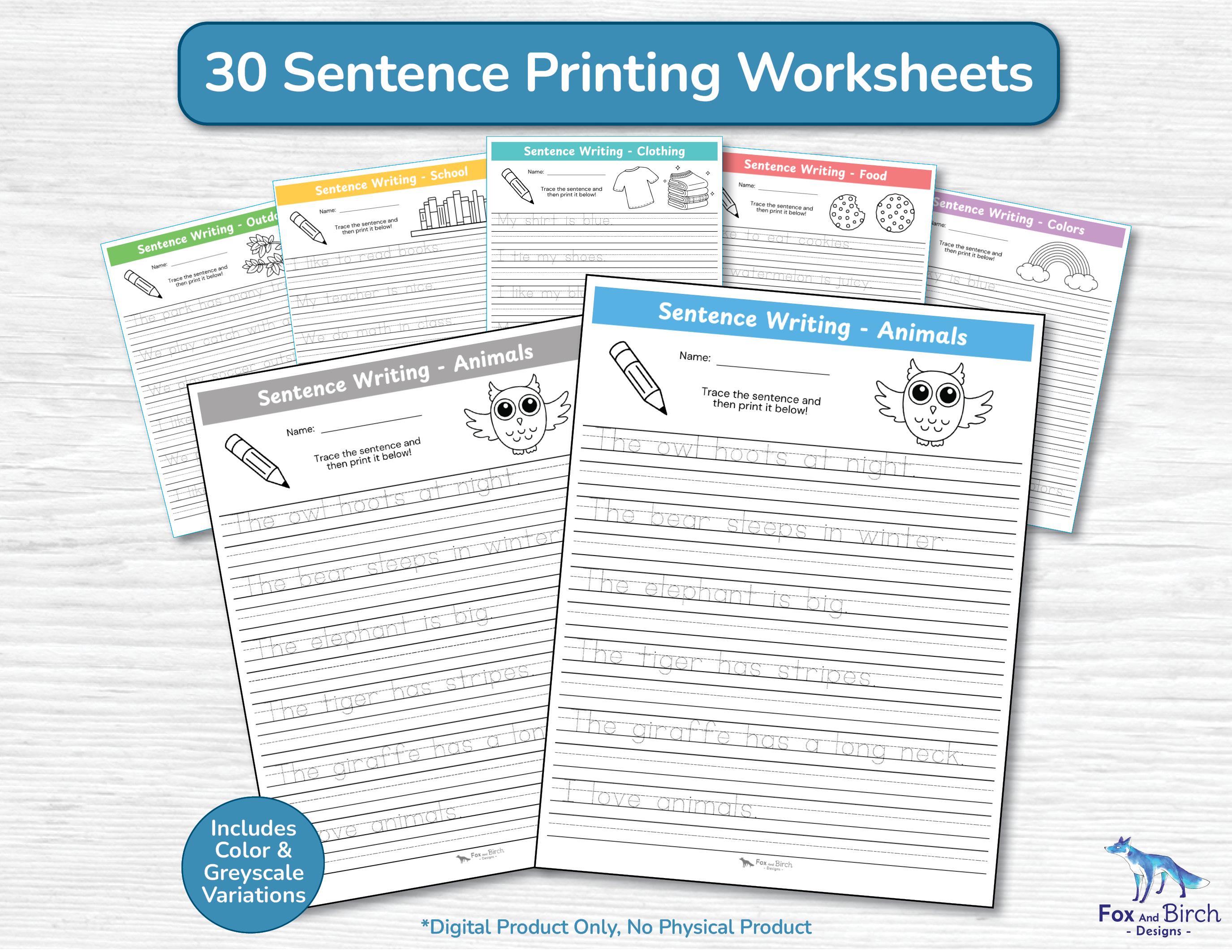 Sentence Writing and Tracing Coloring Worksheets for Kids / Word ...