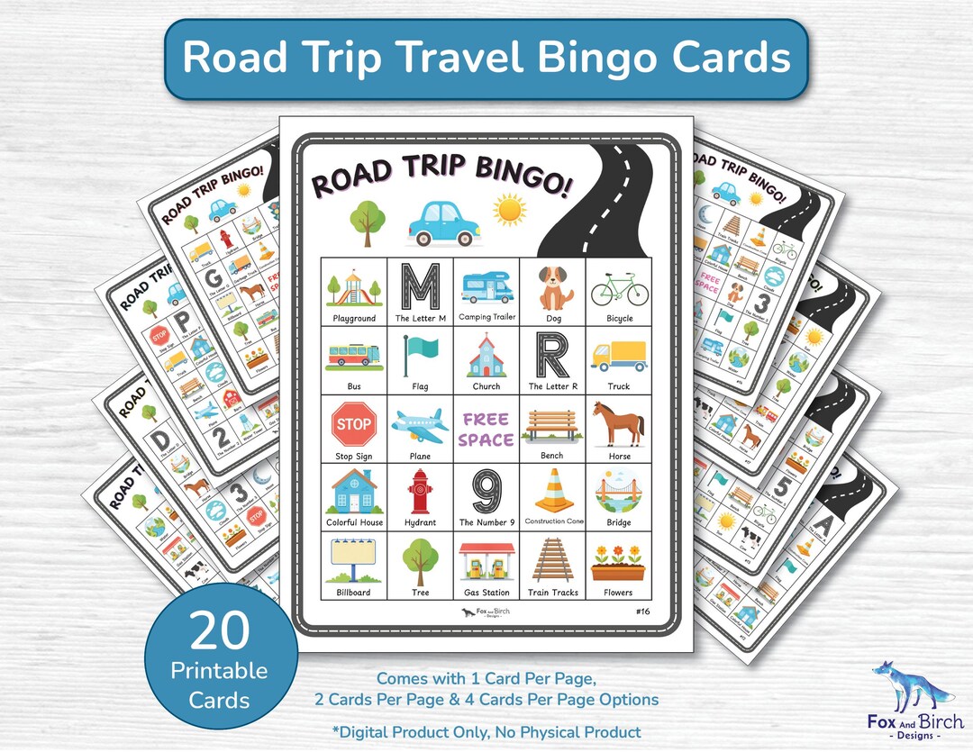 20 Road Trip Printable Bingo Cards for Kids / Car Trip Activity / Easy ...
