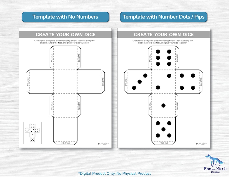 Printable Game Dice Template Paper Craft for Kids / Activity Worksheet ...