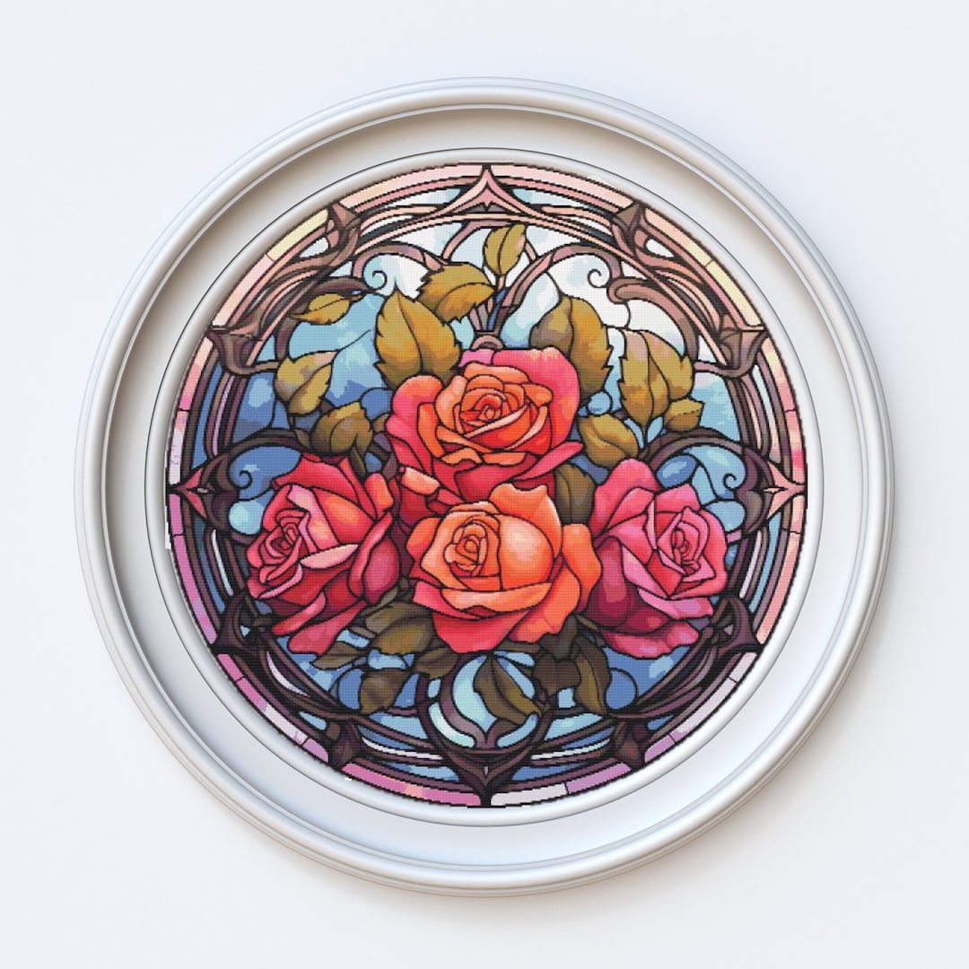 Round Stained Glass Roses Cross Stitch Pattern Full Coverage PDF - Etsy
