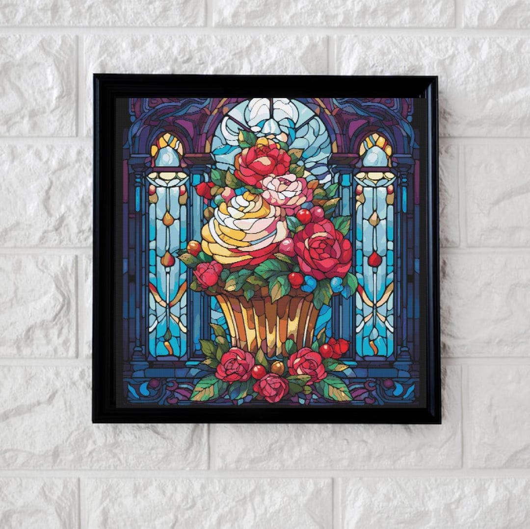 Floral Cupcake Stained Glass Cross Stitch Pattern Full Coverage PDF - Etsy