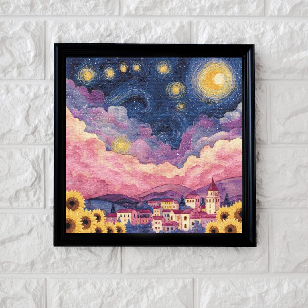 Starry Night Pink Clouds Cross Stitch Pattern Full Coverage PDF - Etsy
