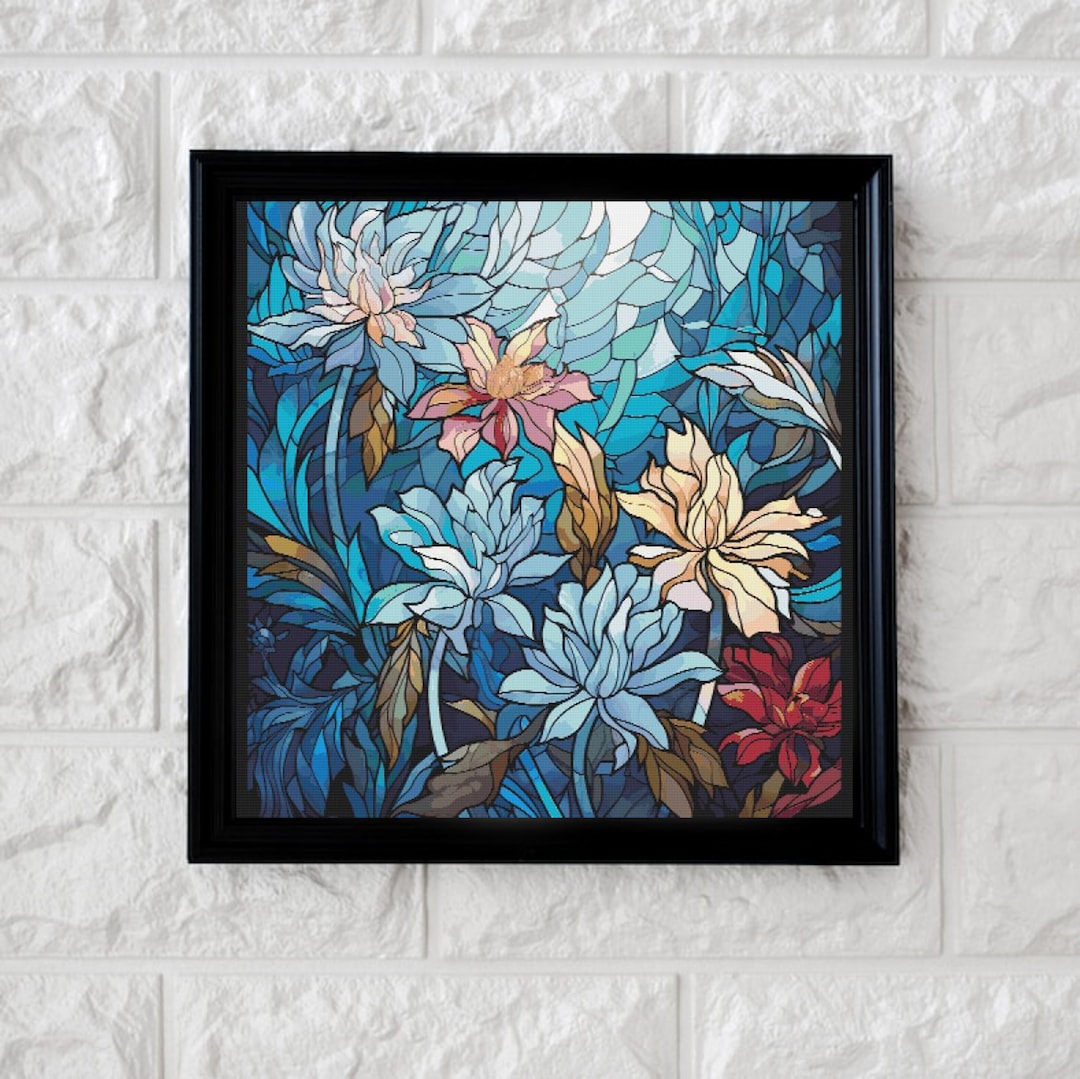 Blue Flower Mosaic Cross Stitch Pattern Full Coverage PDF - Etsy