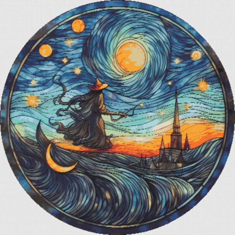 Starry Night Witch Cross Stitch Pattern Full Coverage PDF - Etsy