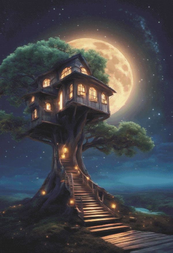 Moonlight Treehouse Cross Stitch Pattern Full Coverage PDF - Etsy