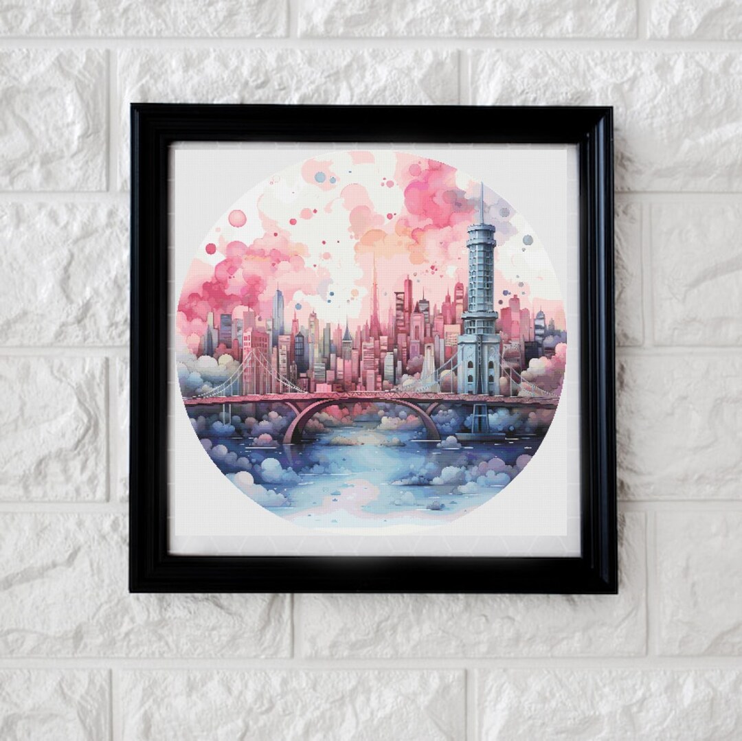 Pink and Blue City Cross Stitch Pattern Full Coverage PDF - Etsy