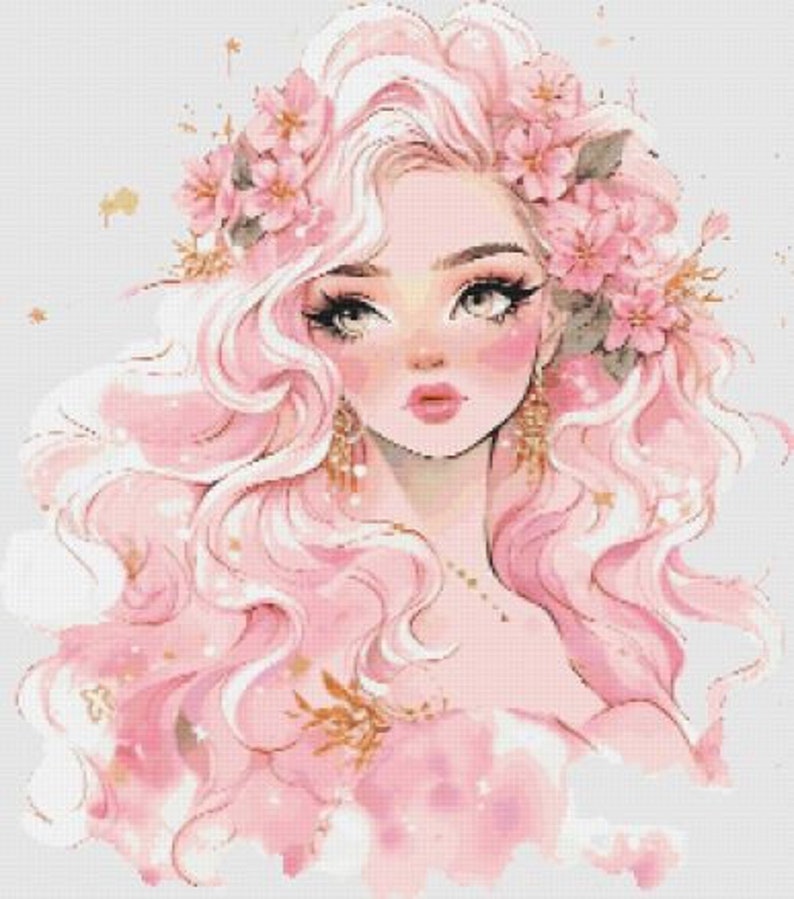 Watercolour Pink Anime Girl Cross Stitch Pattern PDF - Etsy