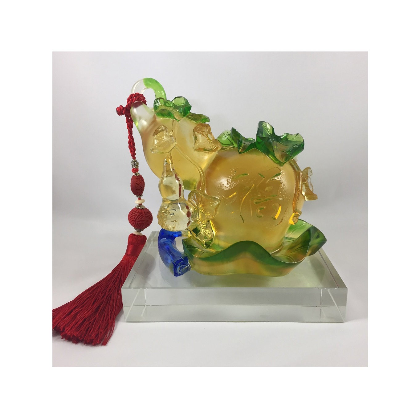 Sculpture Figurines Liuli Crystal Glass Fengshui Fortune Blue Lotus ...