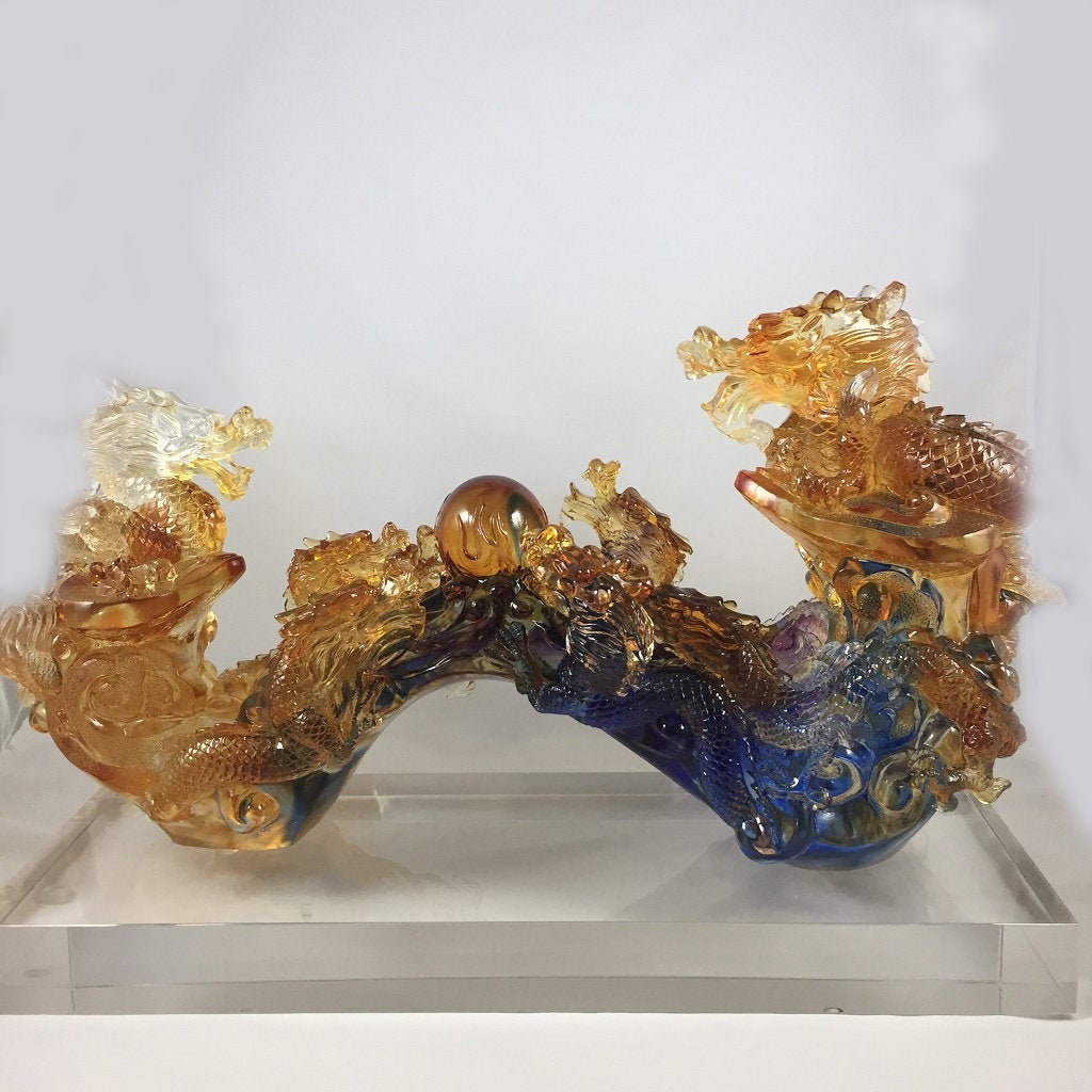 Sculpture Figurines Liuli Crystal Glass Fengshui Fortune Blue Lotus ...