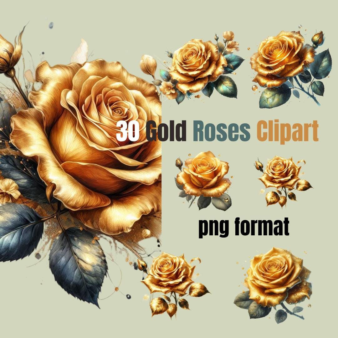 30 Golden Roses Clipart Bundle PNG, Gold Roses Watercolor, Gold Roses ...