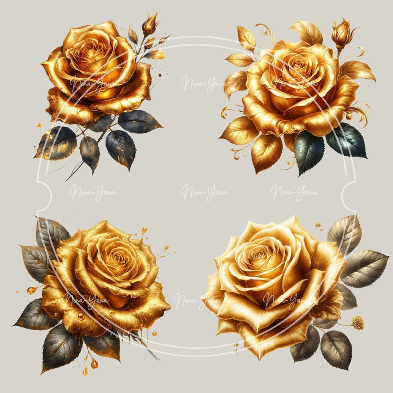 30 Golden Roses Clipart Bundle PNG, Gold Roses Watercolor, Gold Roses ...