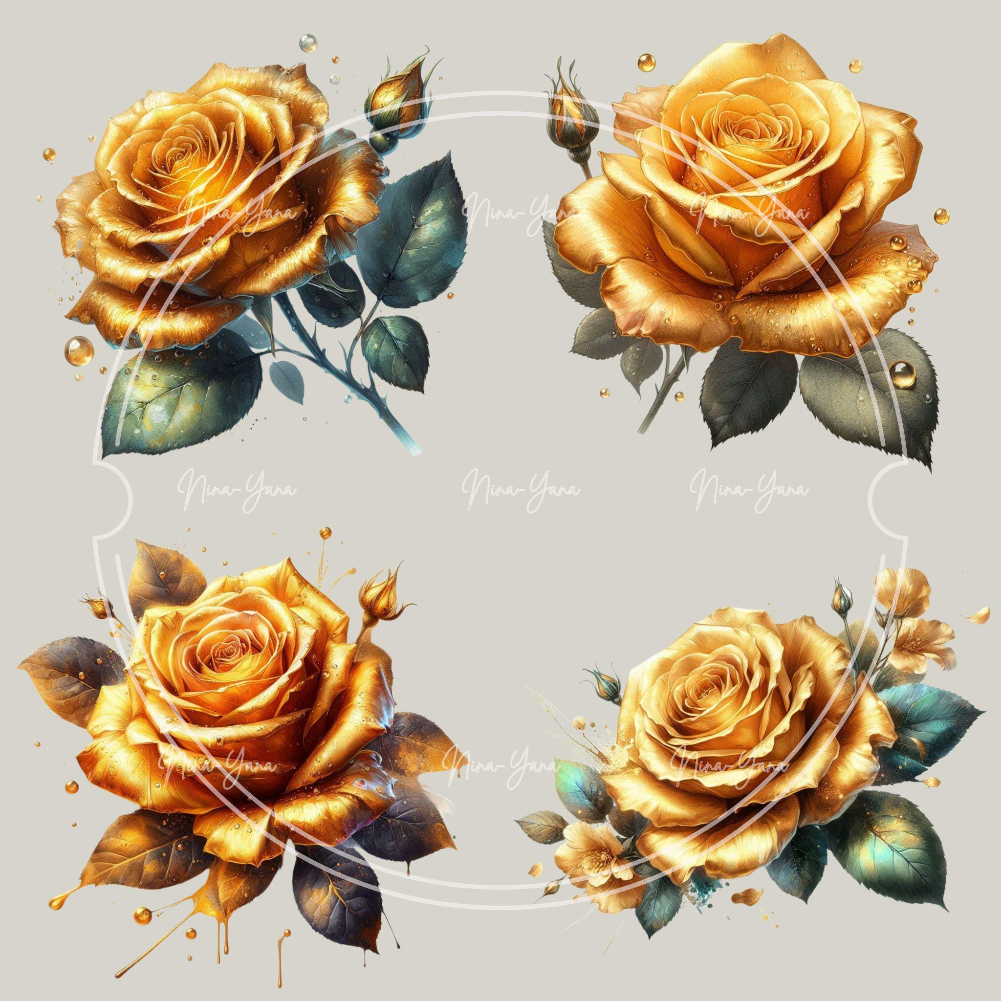 30 Golden Roses Clipart Bundle PNG, Gold Roses Watercolor, Gold Roses ...
